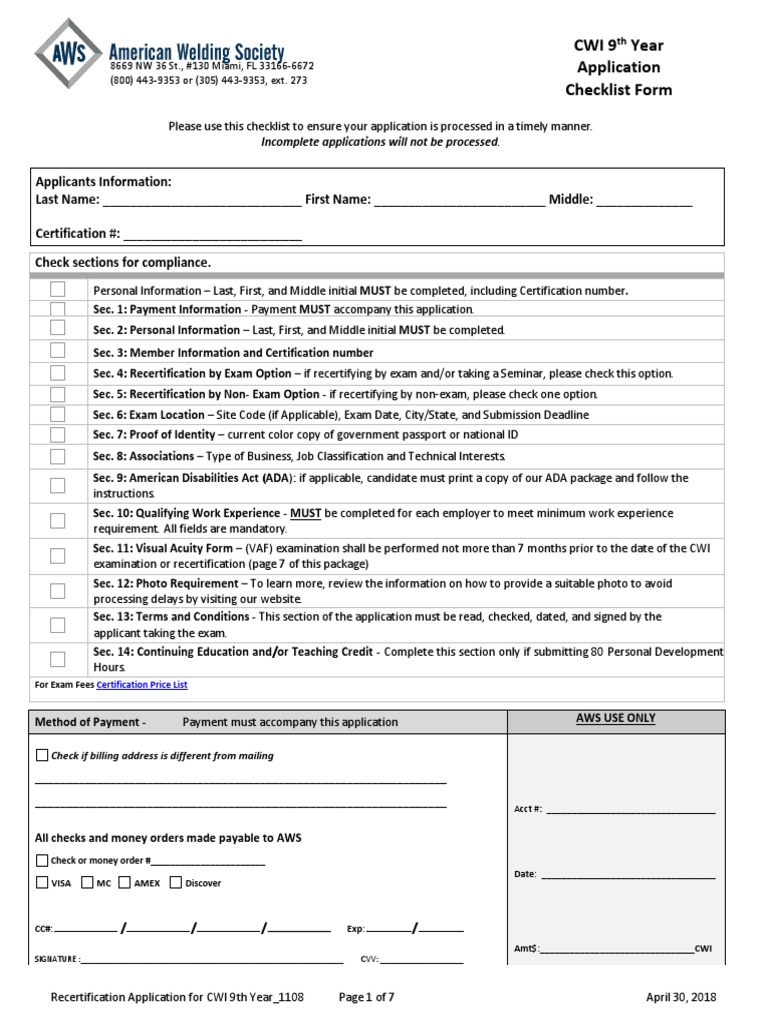Cwi 9 Year Application Checklist Form