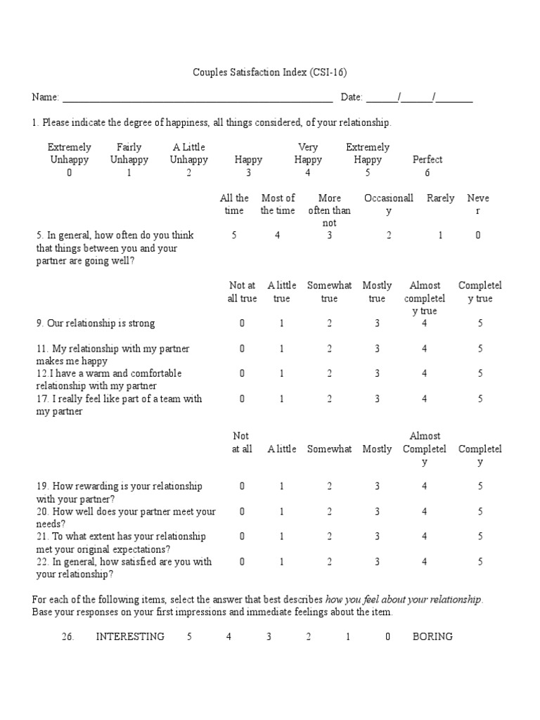 Couples Satisfaction Index (CSI-16) | PDF | Contentment | Positive ...