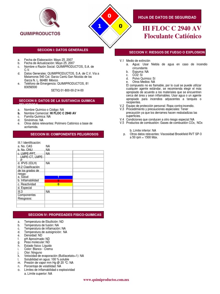Hi Floc c 2940 Av (Msds) | Solubilidad | Agua