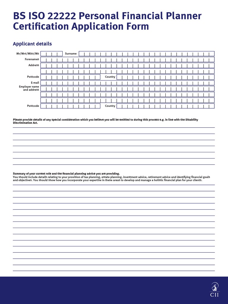 BS ISO 22222 Personal Financial Planner Certification Application Form | PDF | Financial Adviser ...
