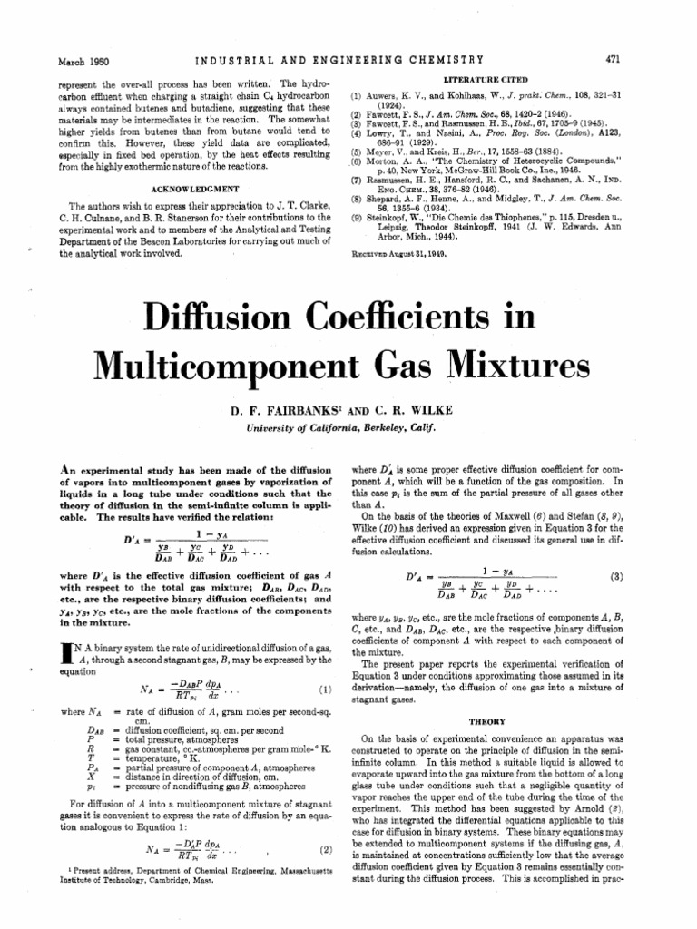 Diffusion Coefficients in Multicomponent Mixtures: 1950 Industrial and Engineering Chemistry ...