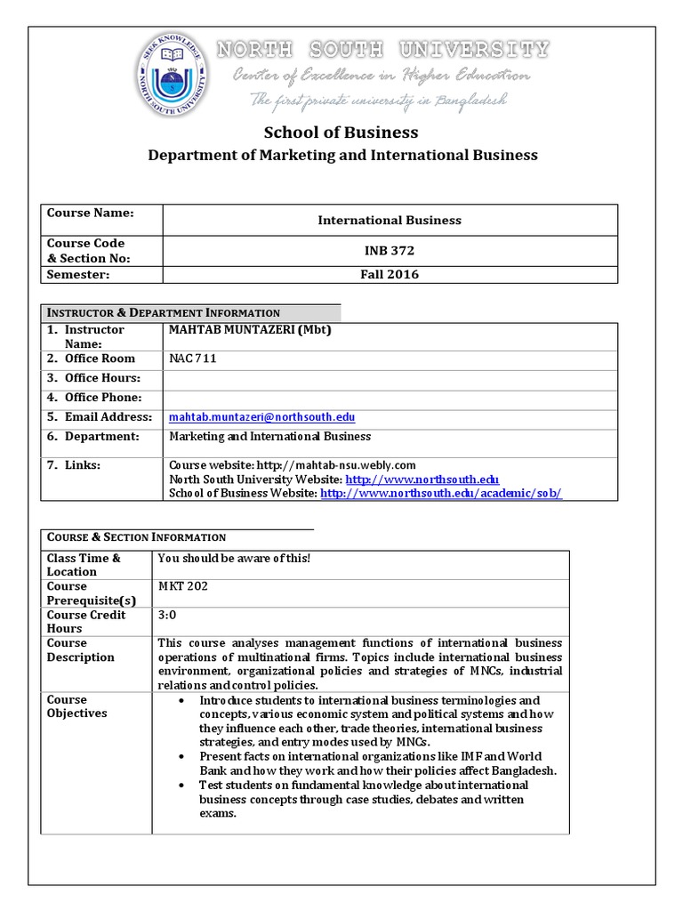 Inb 372 Course Outline MBT Fall 2016 | PDF | International Business ...