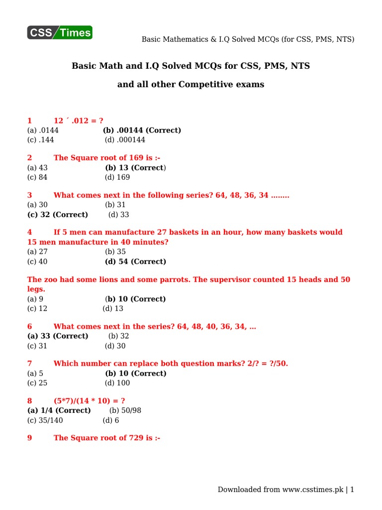 Basic Mathematics & I.Q Solved MCQs (For CSS, PMS, NTS) | PDF ...