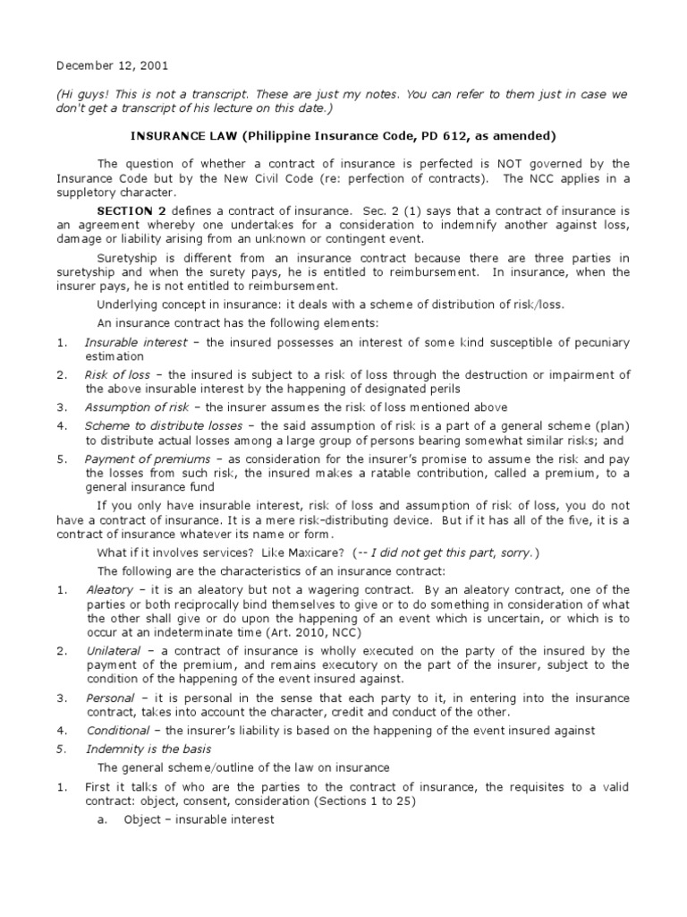 INSURANCE LAW (Philippine Insurance Code, PD 612, As Amended) | PDF ...