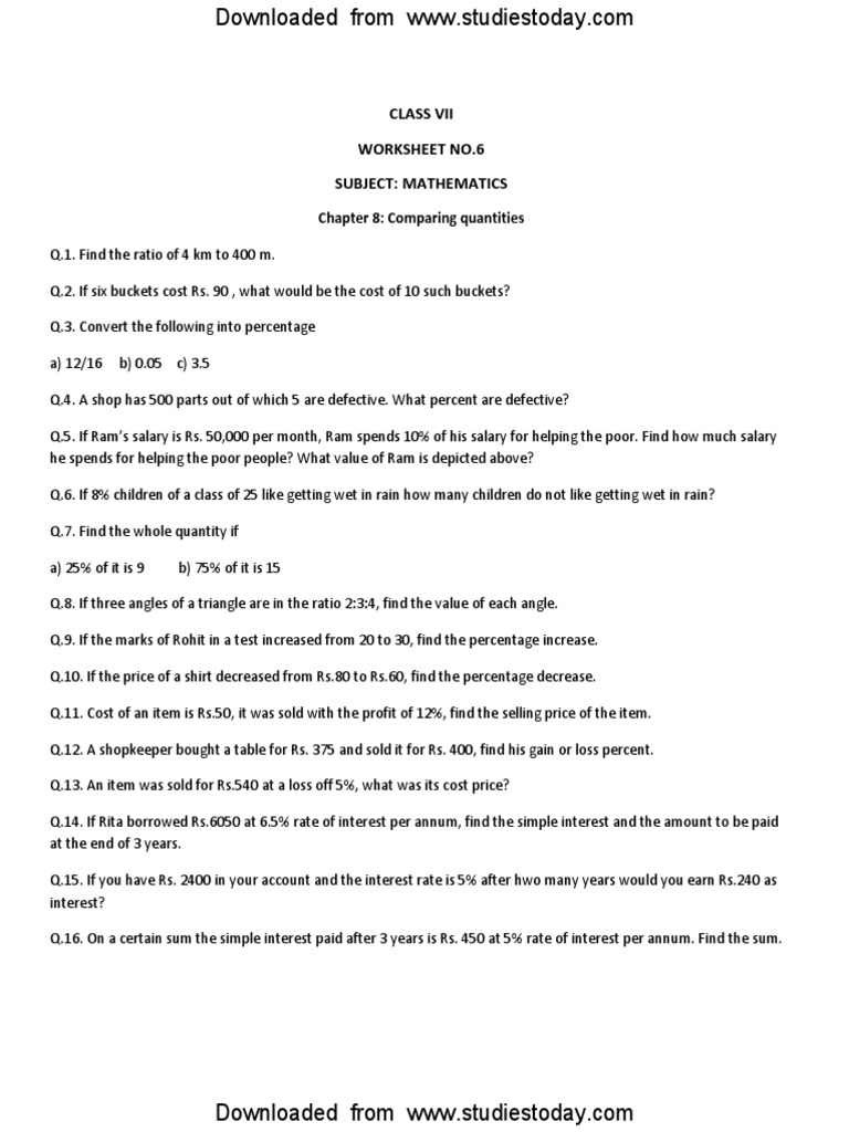 CBSE Clas 7 Maths Worksheet - Comparing Quantities | PDF