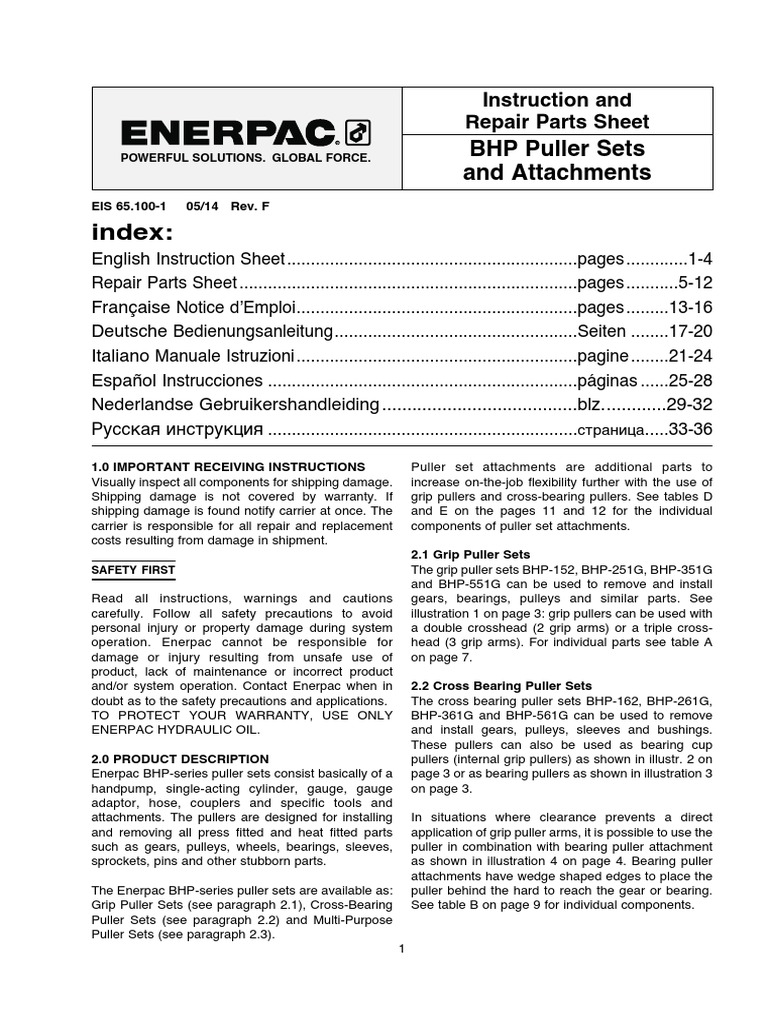 BHP Puller Sets and Attachments Index:: Instruction and Repair Parts ...