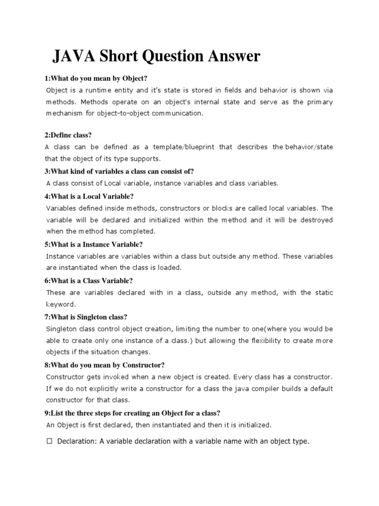 JAVA Short Question Answer | PDF | Class (Computer Programming ...