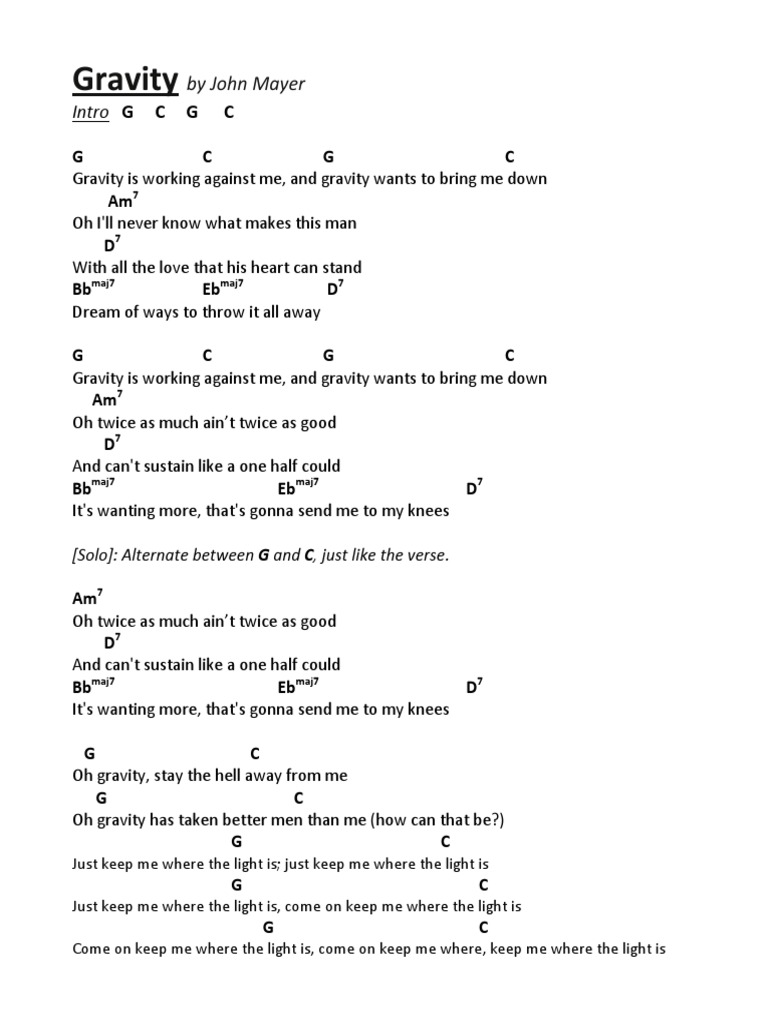 Gravity by John Mayer: Chord Chart and Lyrics for the Song | PDF ...