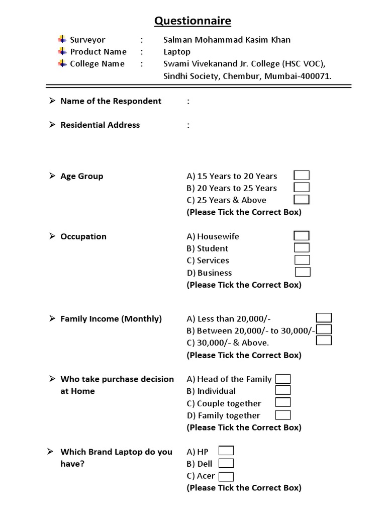 Questionnaire: (Please Tick The Correct Box) | PDF | Laptop | Computer ...