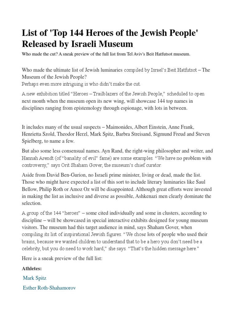 List of 'Top 144 Heroes of The Jewish People' Released by Israeli ...