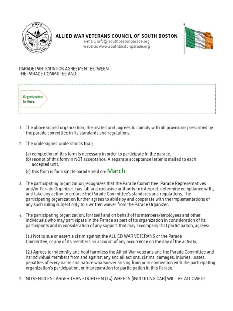 Parade Participation Agreement Form | PDF | Indemnity | Justice