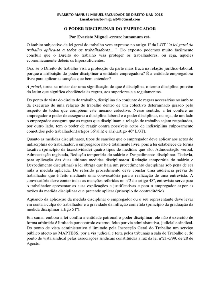 O Poder Disciplinar Do Empregador EM ANGOLA | Estatuto | Lei Trabalhista