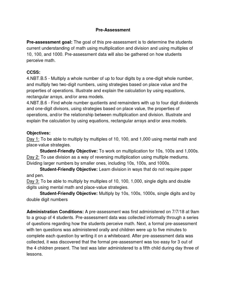 Pre Assessment Information | PDF | Division (Mathematics) | Educational ...