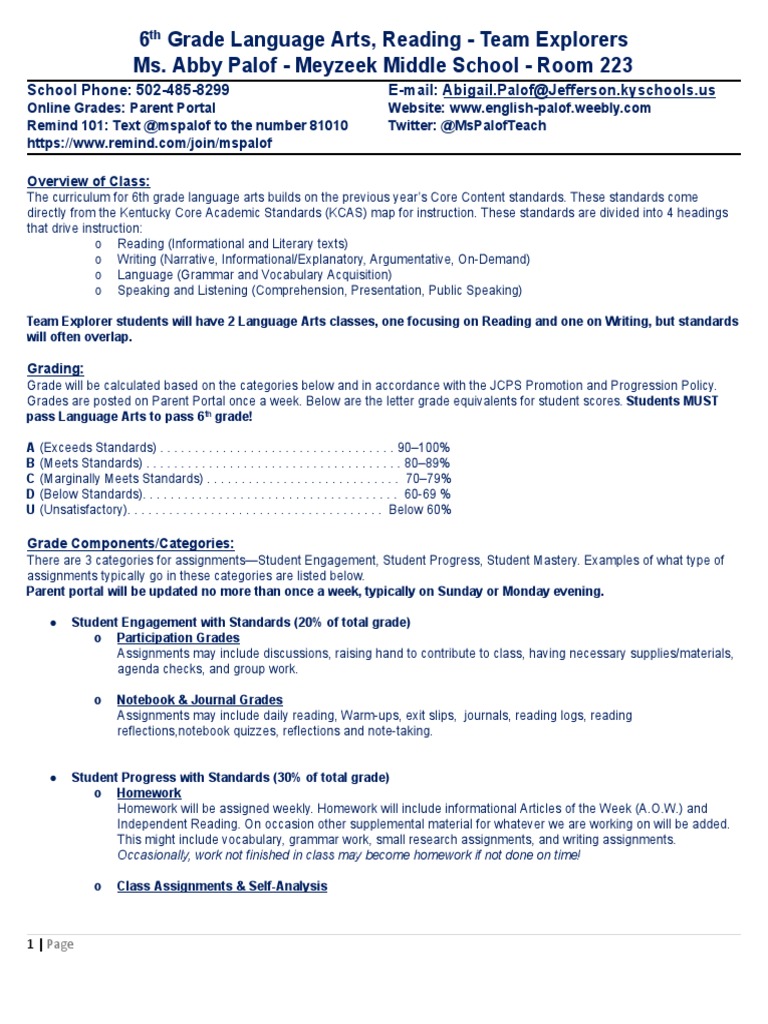 6 Grade Language Arts, Reading - Team Explorers Ms. Abby Palof ...