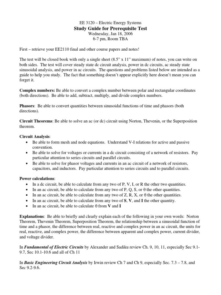 Study Guide For Prerequisite Test | PDF | Ac Power | Electrical Impedance