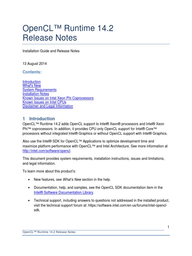 Opencl Runtime 14.2 Release Notes | PDF | Runtime System | Intel