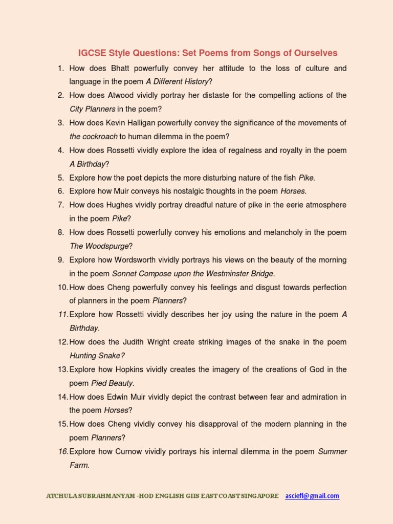 IGCSE Style Questions From Songs of Ourselves | PDF | Poetry