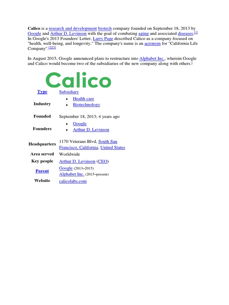 Calico: Biotech for Aging Research | PDF | Career & Growth | Business