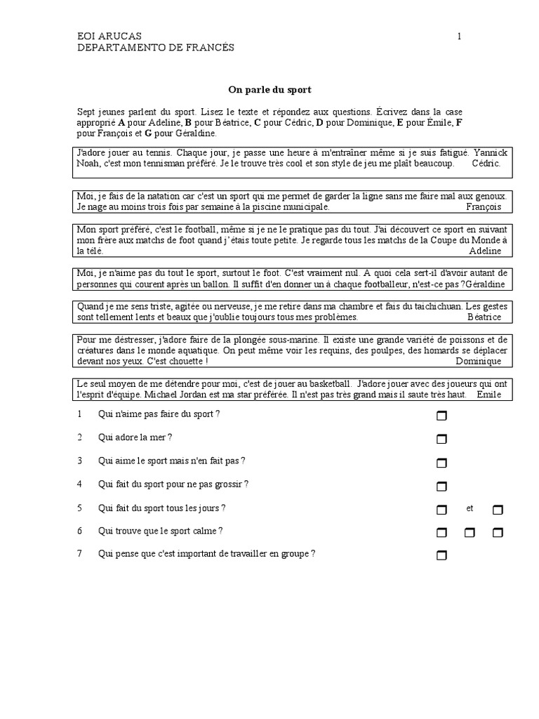 Compréhension Écrite Le Sport PDF | PDF