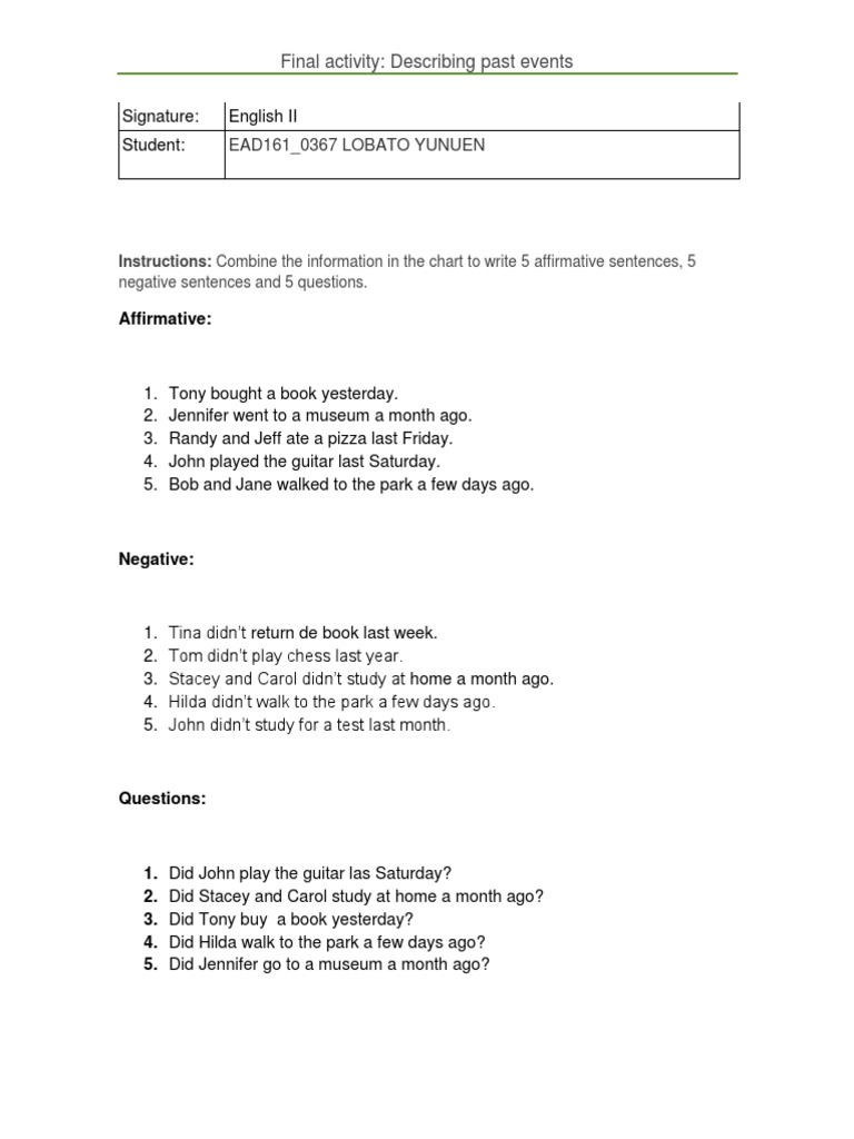 Final Activity - Describing Past Events | PDF