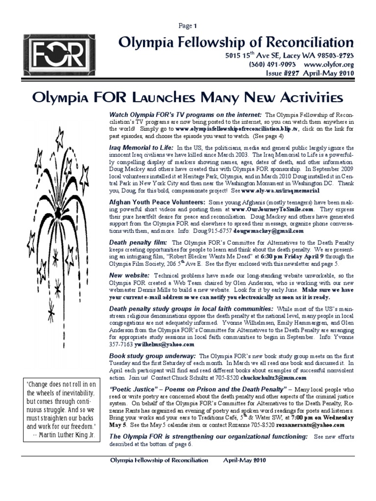 April-May 2010 Olympia Fellowship of Reconciliation Newsletter | PDF ...