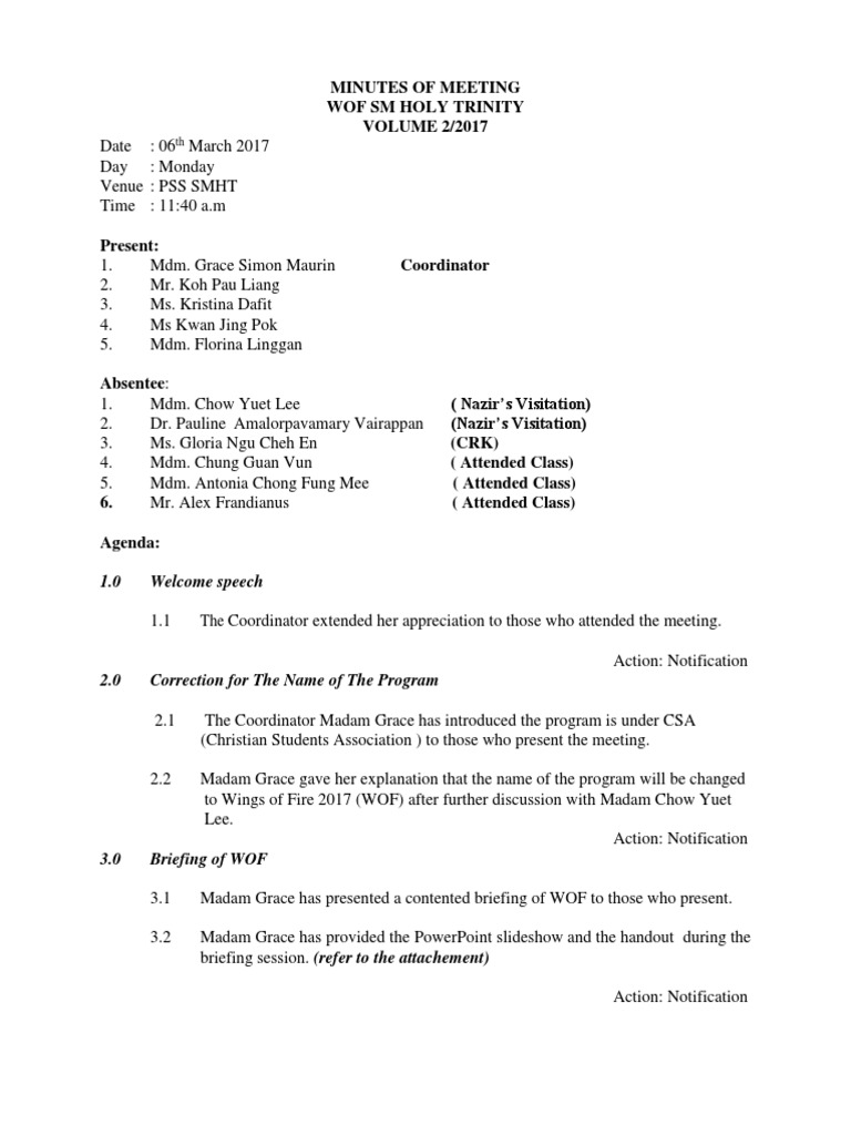 Minutes of Meeting Wof SM Holy Trinity VOLUME 2/2017: 1.0 Welcome ...