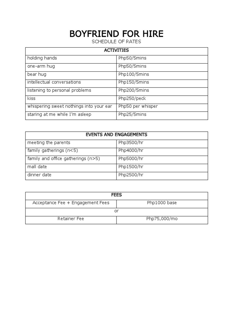 Boyfriend For Hire: Schedule of Rates | PDF