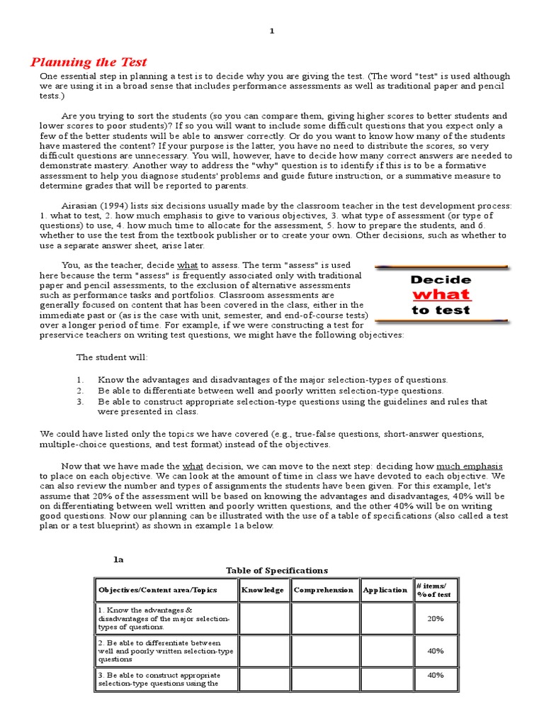 Planning The Test: 1a Table of Specifications | PDF | Multiple Choice ...