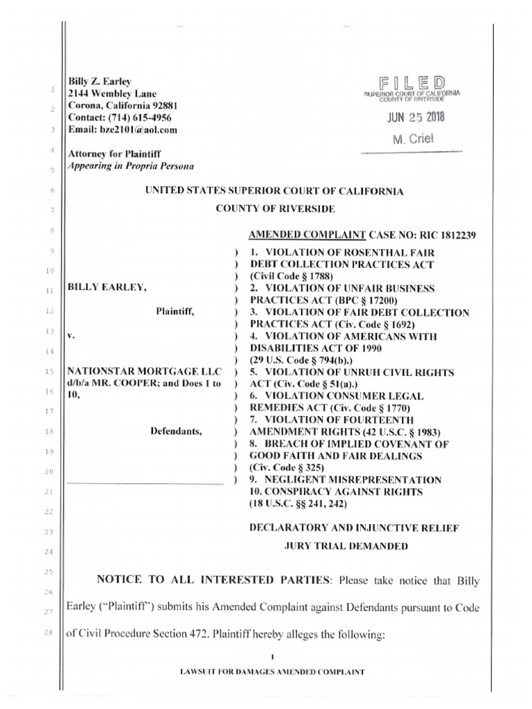 Billy Earley v. Nationstar Mortgage LLC d/b/a Mr. Cooper Amended ...