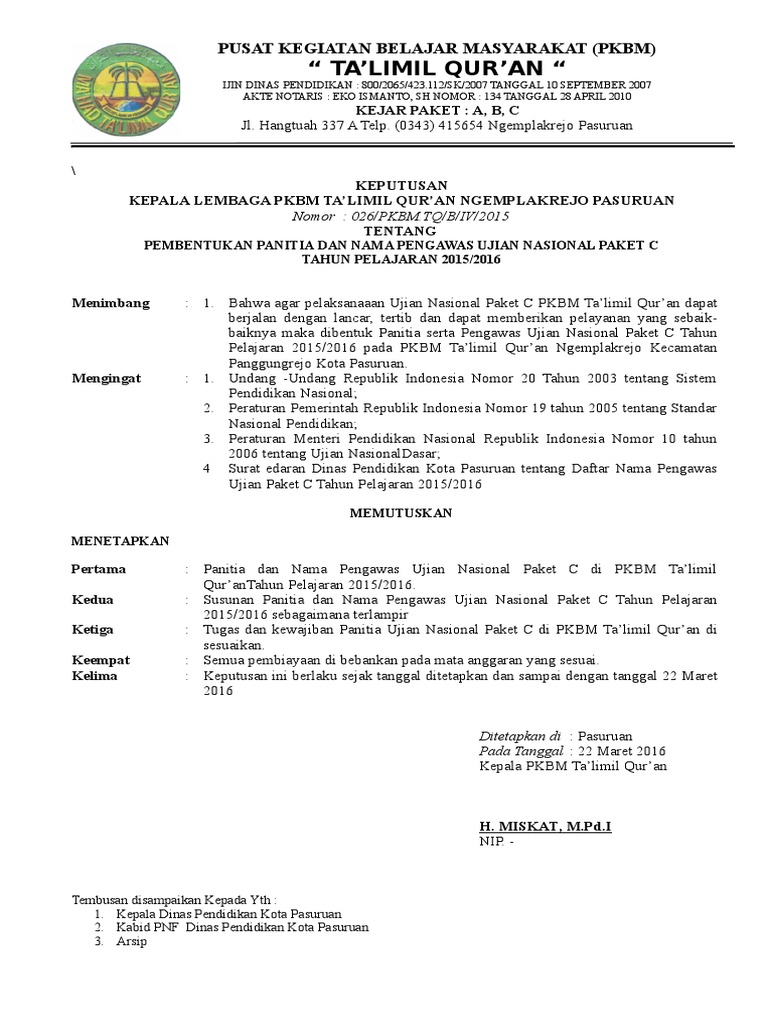 Surat Keputusan Panitia PKBM | PDF