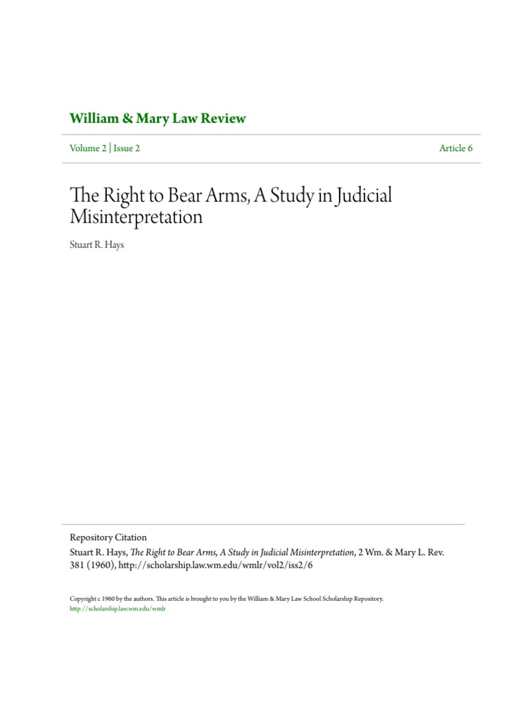 The Right To Bear Arms A Study in Judicial Misinterpretation (Stuart R ...
