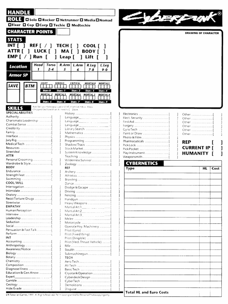 Cyberpunk character sheets