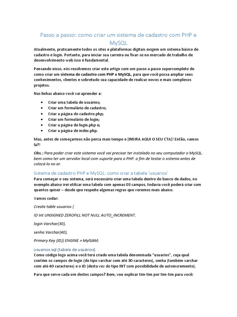 Passo A Passo de Como Fazer Sistema de Cadastro Com PHP e Mysql | PDF | Php | Folhas de estilo ...