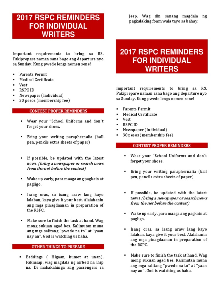 2017 RSPC Reminders and Schedule of Activities for Individual Writers ...