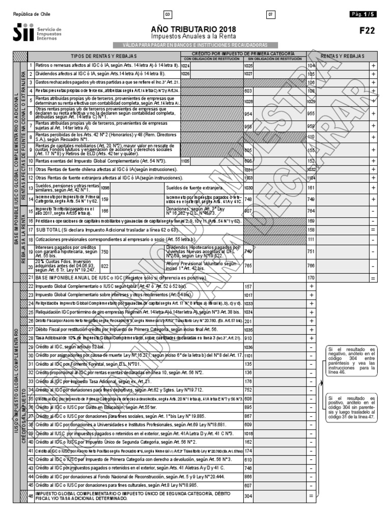 Formulario 22 de Renta 2018 Chile | PDF | Impuestos | Finanzas del gobierno