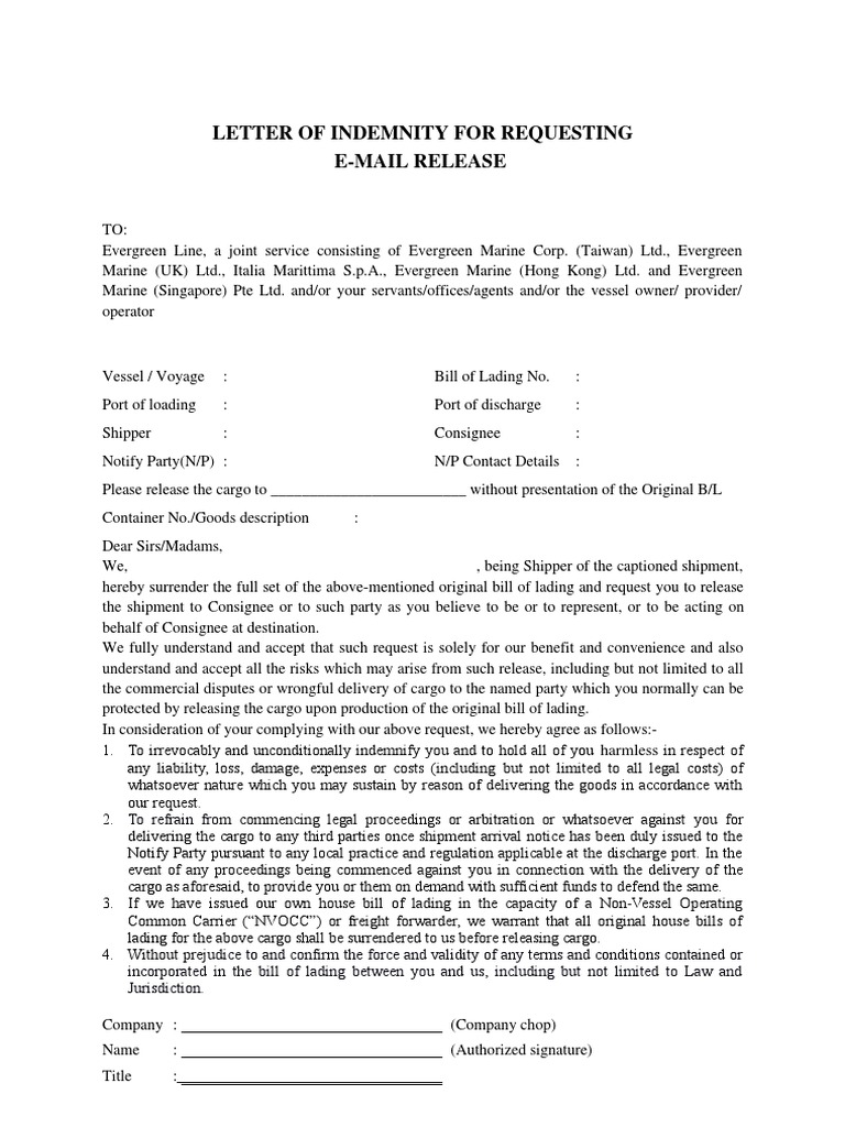 Letter of Indemnity For Requesting E Mail Release: To Refrain Fro ...