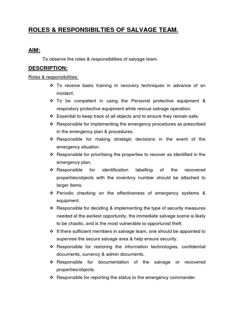 Roles & Responsibilties of Salvage Team | PDF