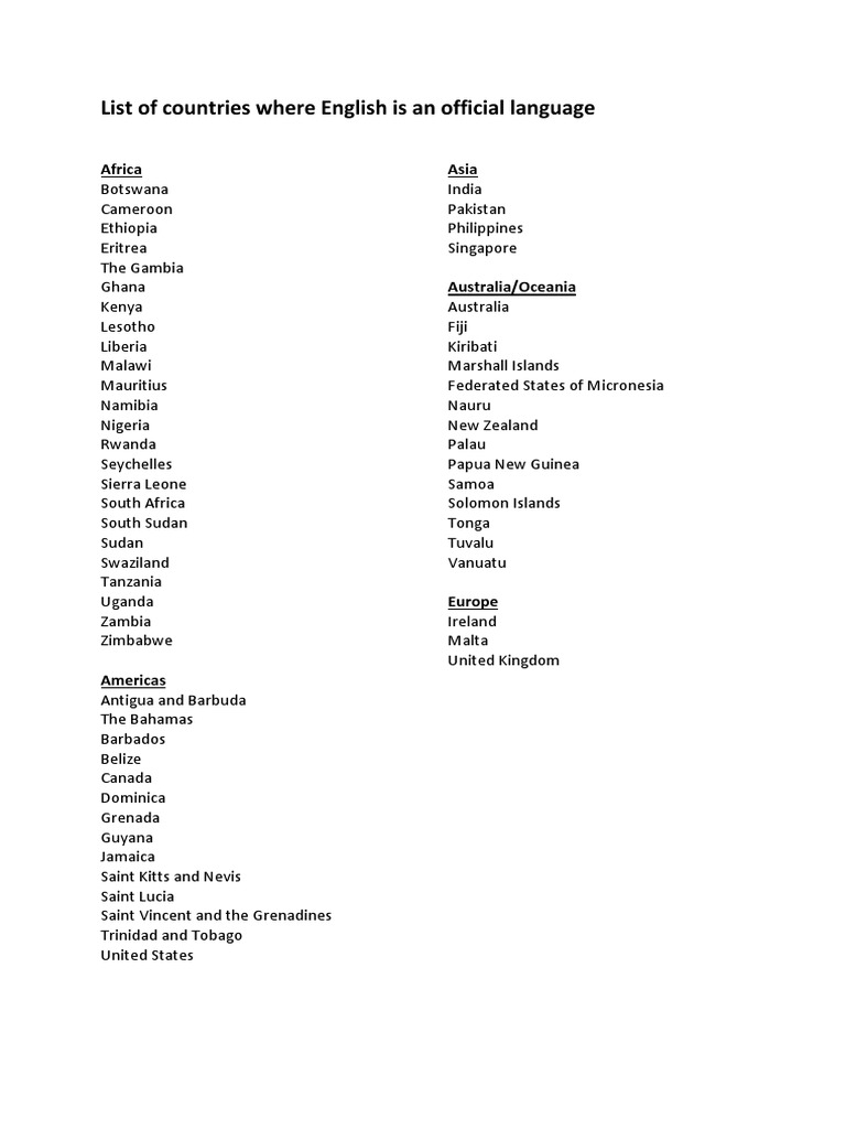 Countries with English as Official Language | PDF