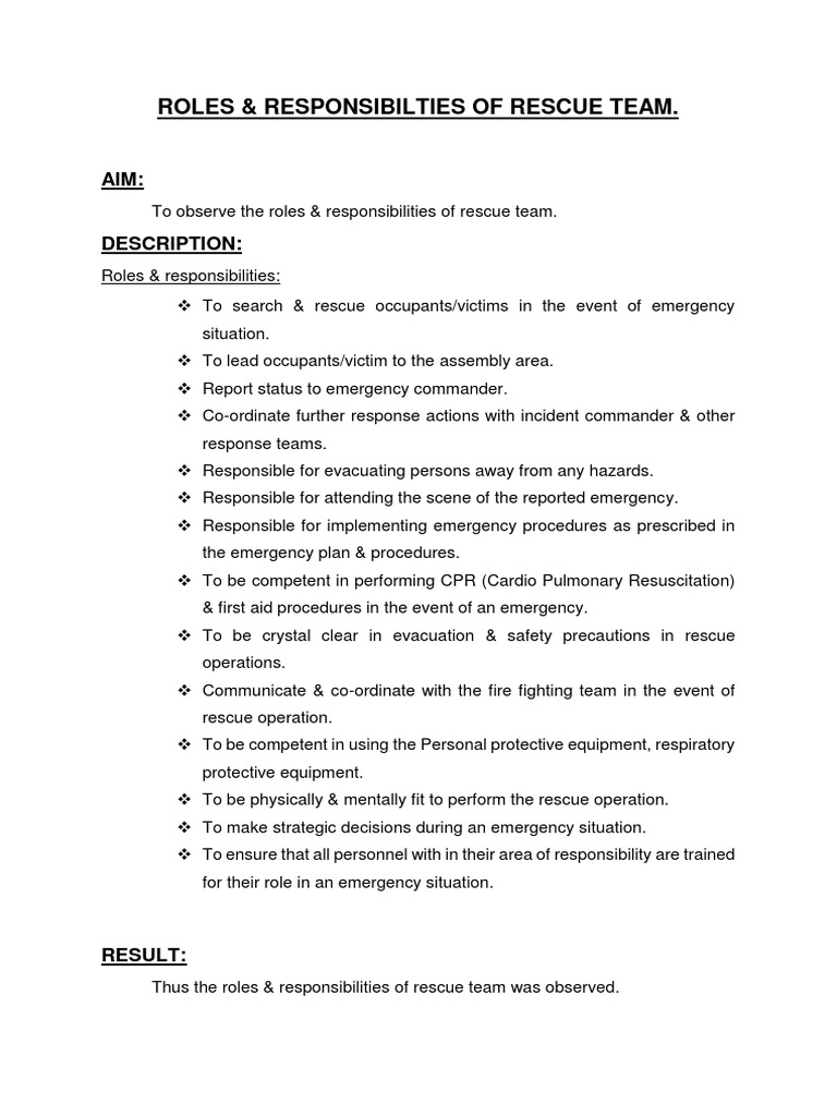 Roles & Responsibilties of Rescue Team | PDF