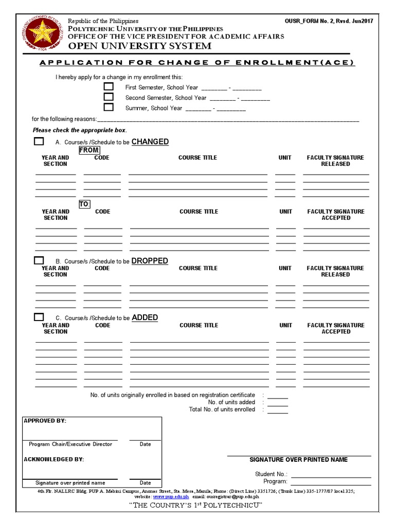 PUP OUS Application For Change of Enrollment (ACE) Form 2017 | PDF ...