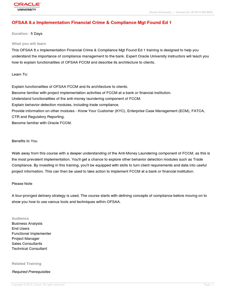 OFSAA 8.x Implementation Financial Crime & Compliance MGT Found Ed 1 ...