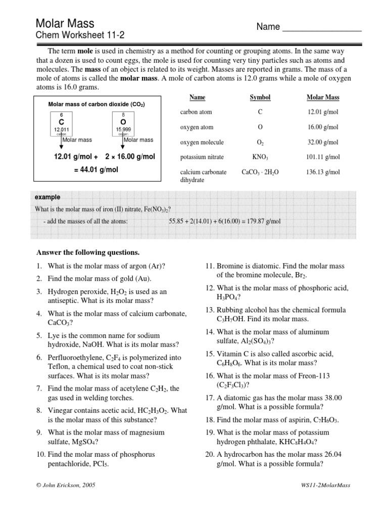 Molar Mass: Name - Chem Worksheet 11-2 | PDF | Mole (Unit) | Chemical ...