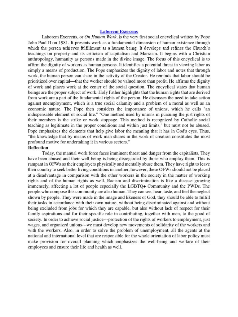 Laborem Exercens: Reflection | Download Free PDF | Employment | Economies