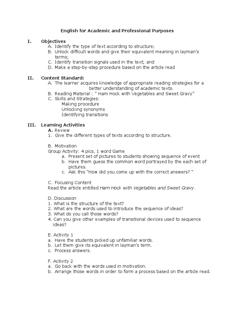 English For Academic and Professional Purposes I. Objectives | PDF