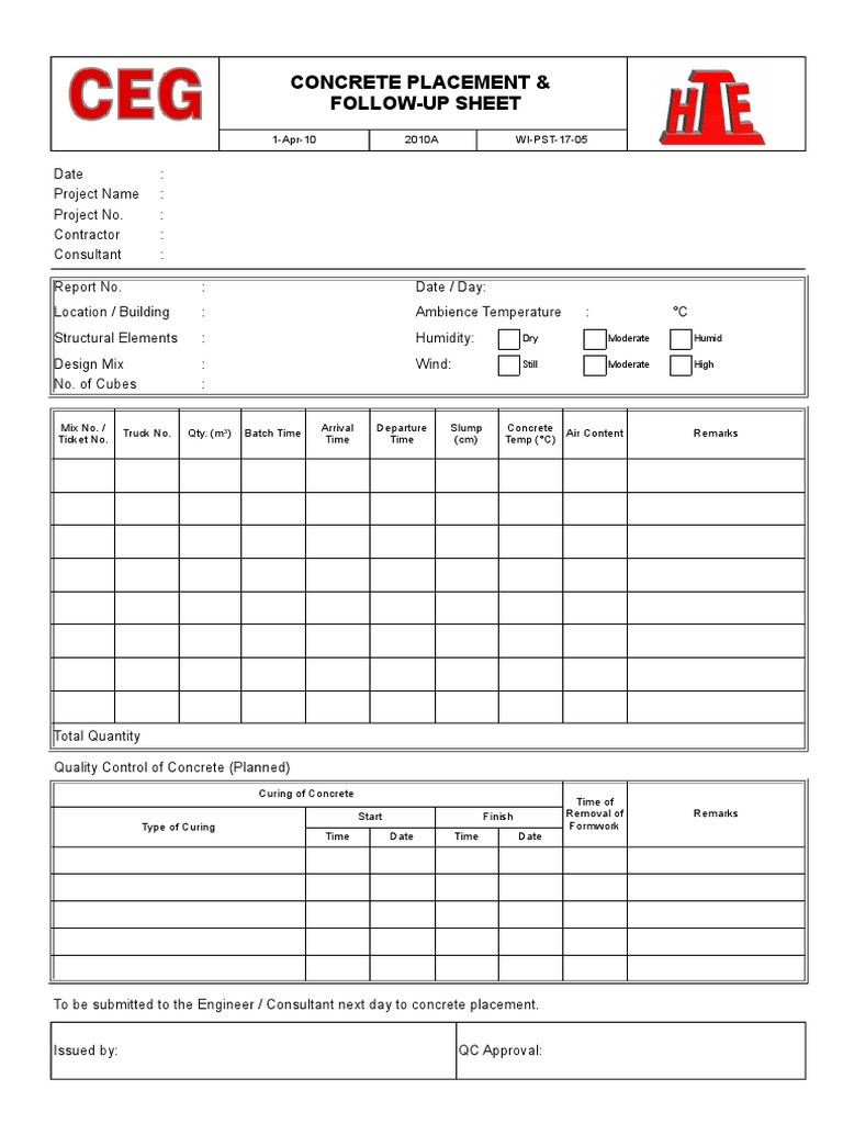 Concrete Placement Record Sheet | PDF