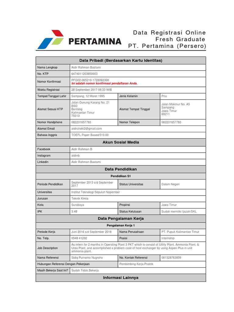 Data Registrasi Fresh Graduate Pertamina | PDF