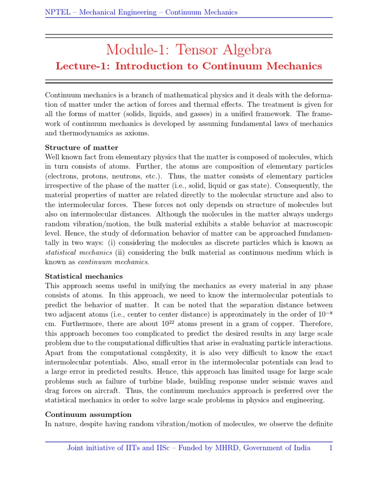 Module-1: Tensor Algebra: Lecture-1: Introduction To Continuum Mechanics | PDF | Matter ...