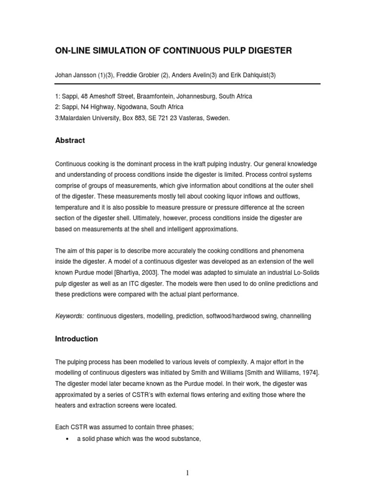 On-Line Simulation of Continuous Pulp Digester | Download Free PDF ...