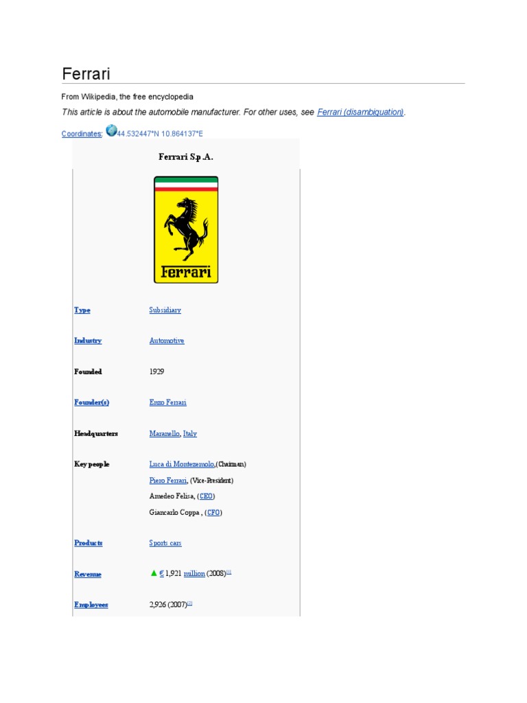 Ferrari: Ferrari S.p.A | PDF | Ferrari | Formula One