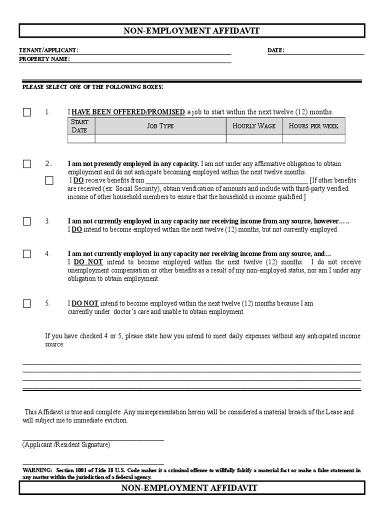 Non-Employment Affidavit: A Job To Start Within The Next Twelve (12 ...